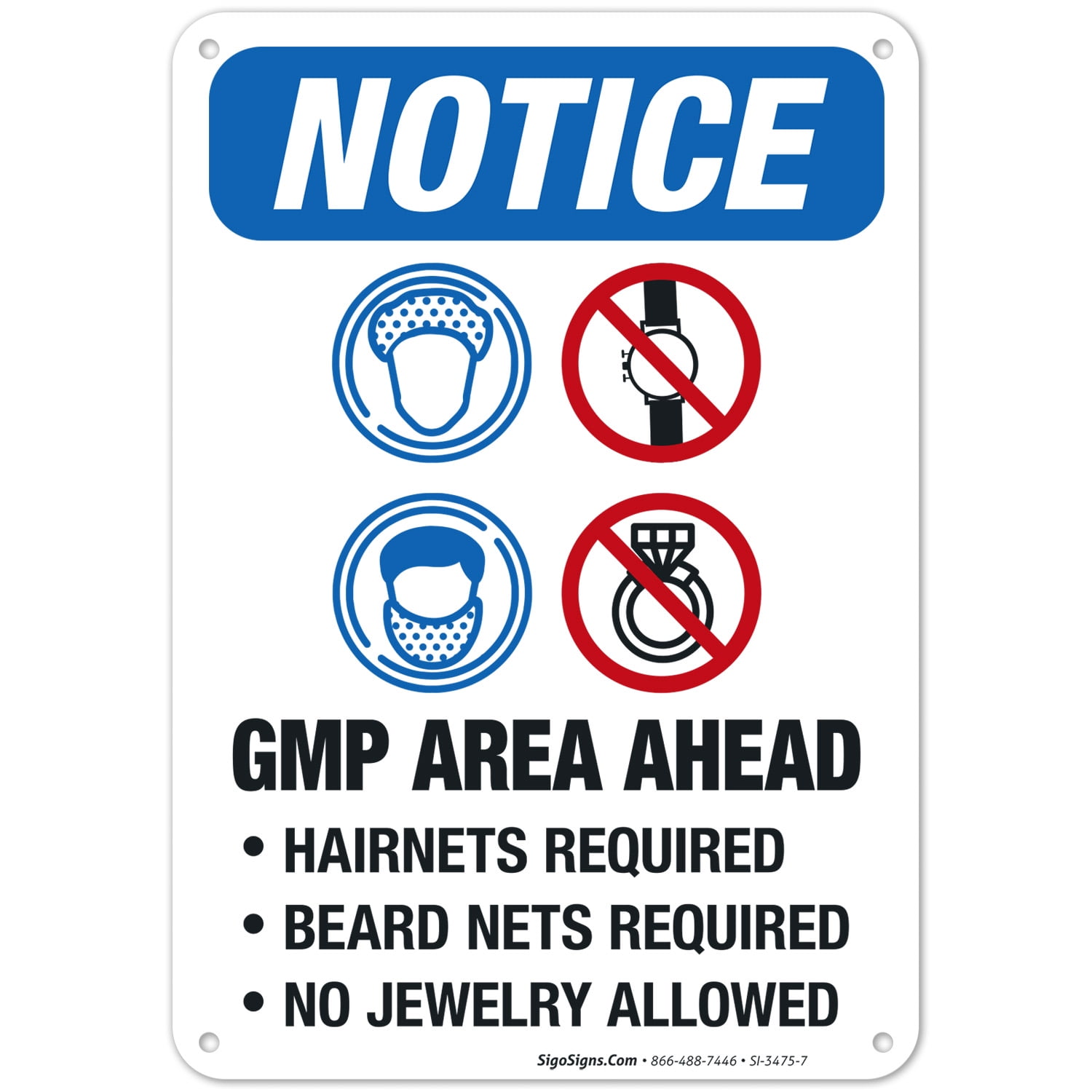 GMP Area Ahead Hairnets, Beard Nets Required No Jewelry Allowed Sign ...