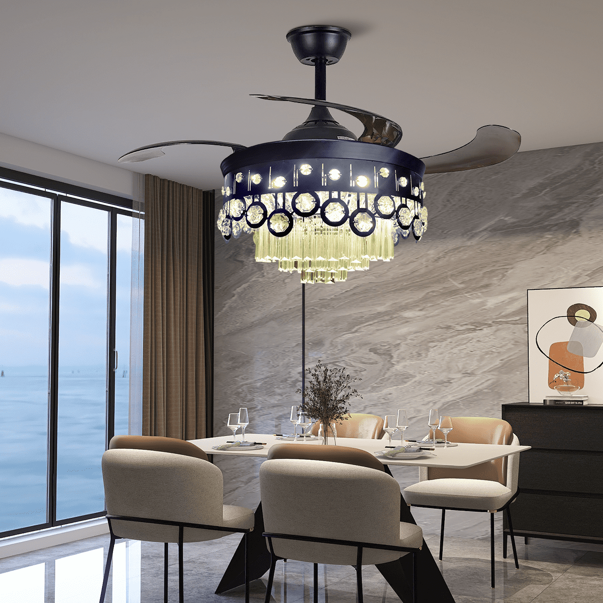 GMizon 42 Inch Modern Luxury Ceiling Fan Light, 3-Layer Crystal Strip ...