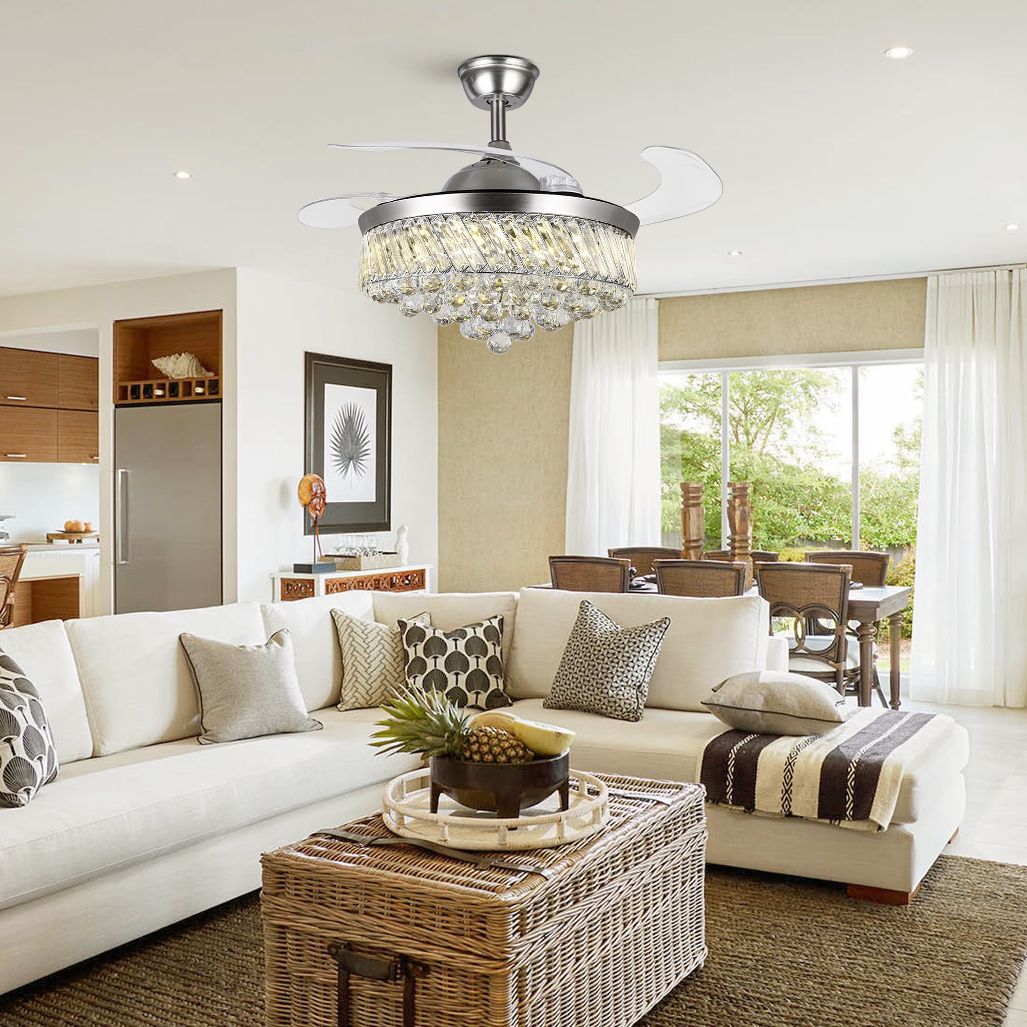 GMizon 42 Inch Modern Luxury Crystal Ceiling Fan Light, LED Three Tone ...