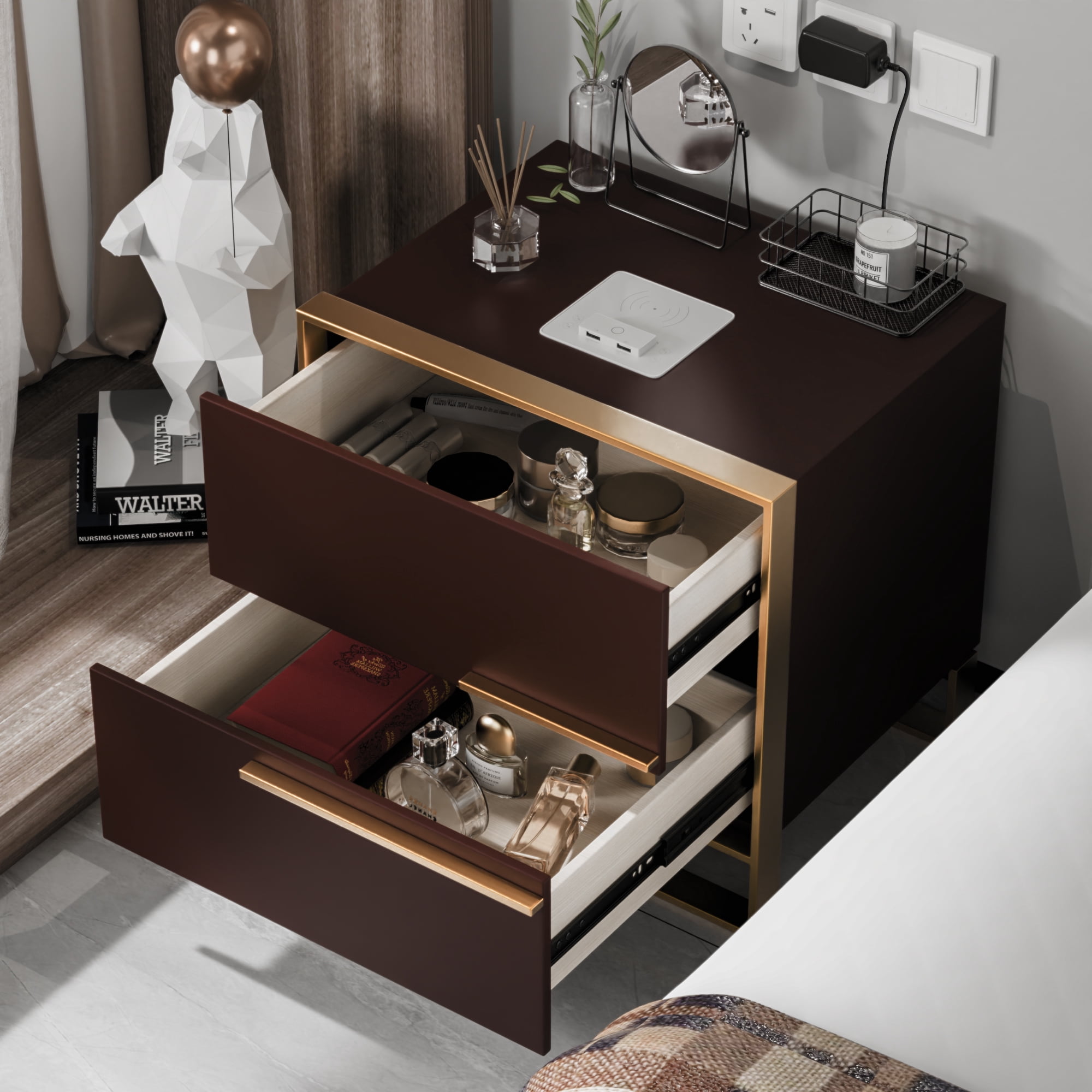 GMizon Modern Classic Double Drawer Bedside Table, Dark Brown Bedroom ...