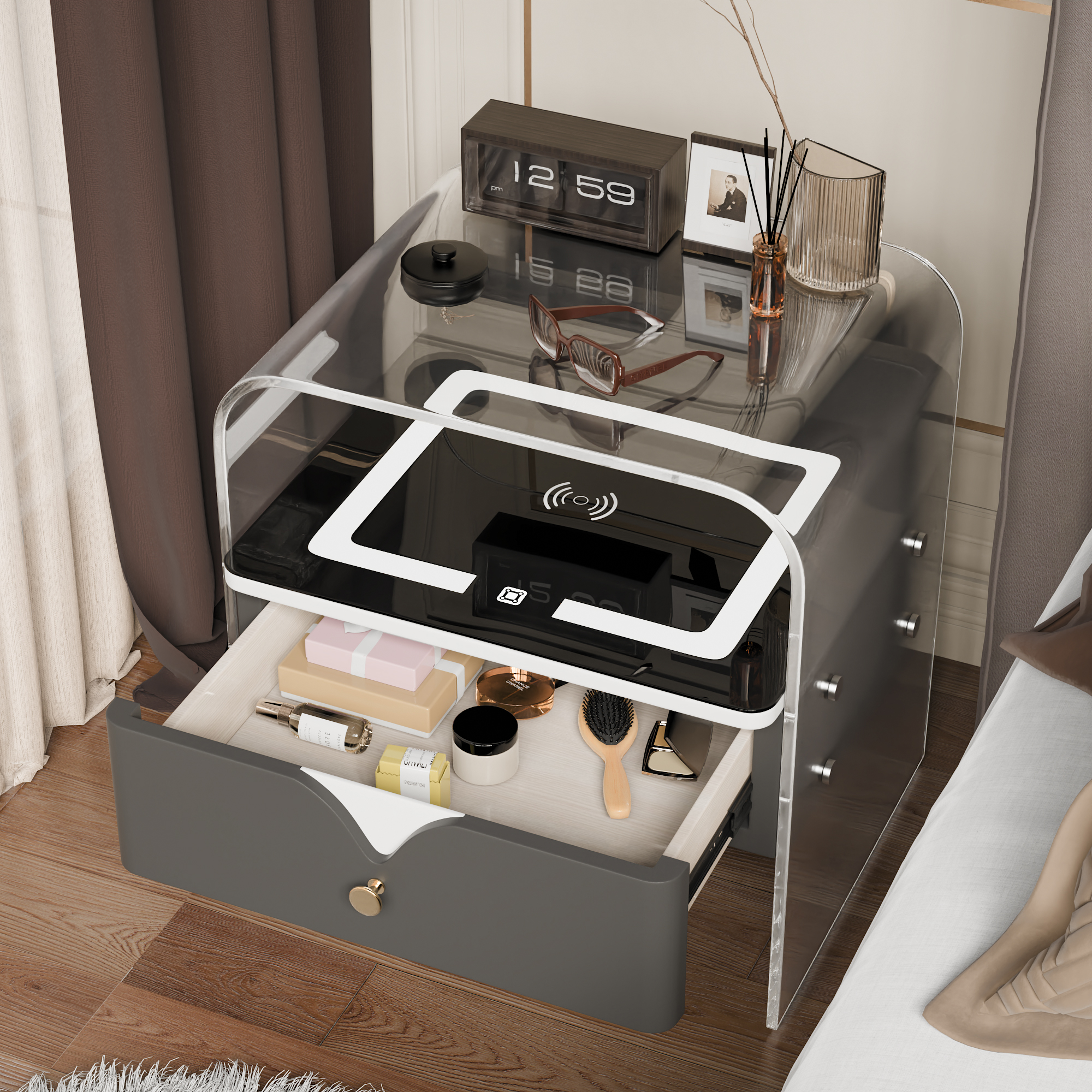 GMizon Modern new single drawer bedside table, dark grey bedroom home ...