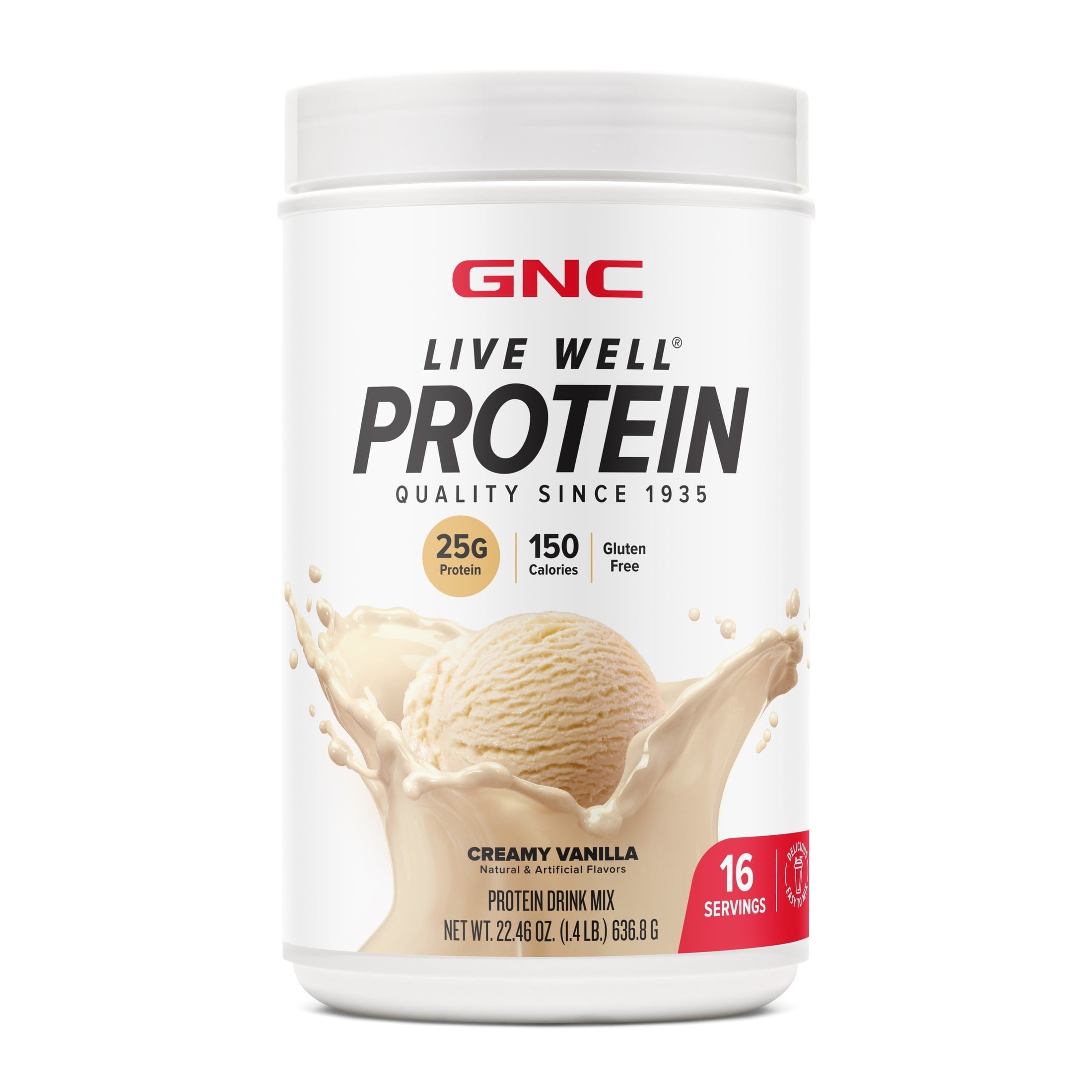 GNC Live Well Protein Powder, 25g Whey Protein, Creamy Vanilla, Gluten Free, No Sugar Added, 16 ...