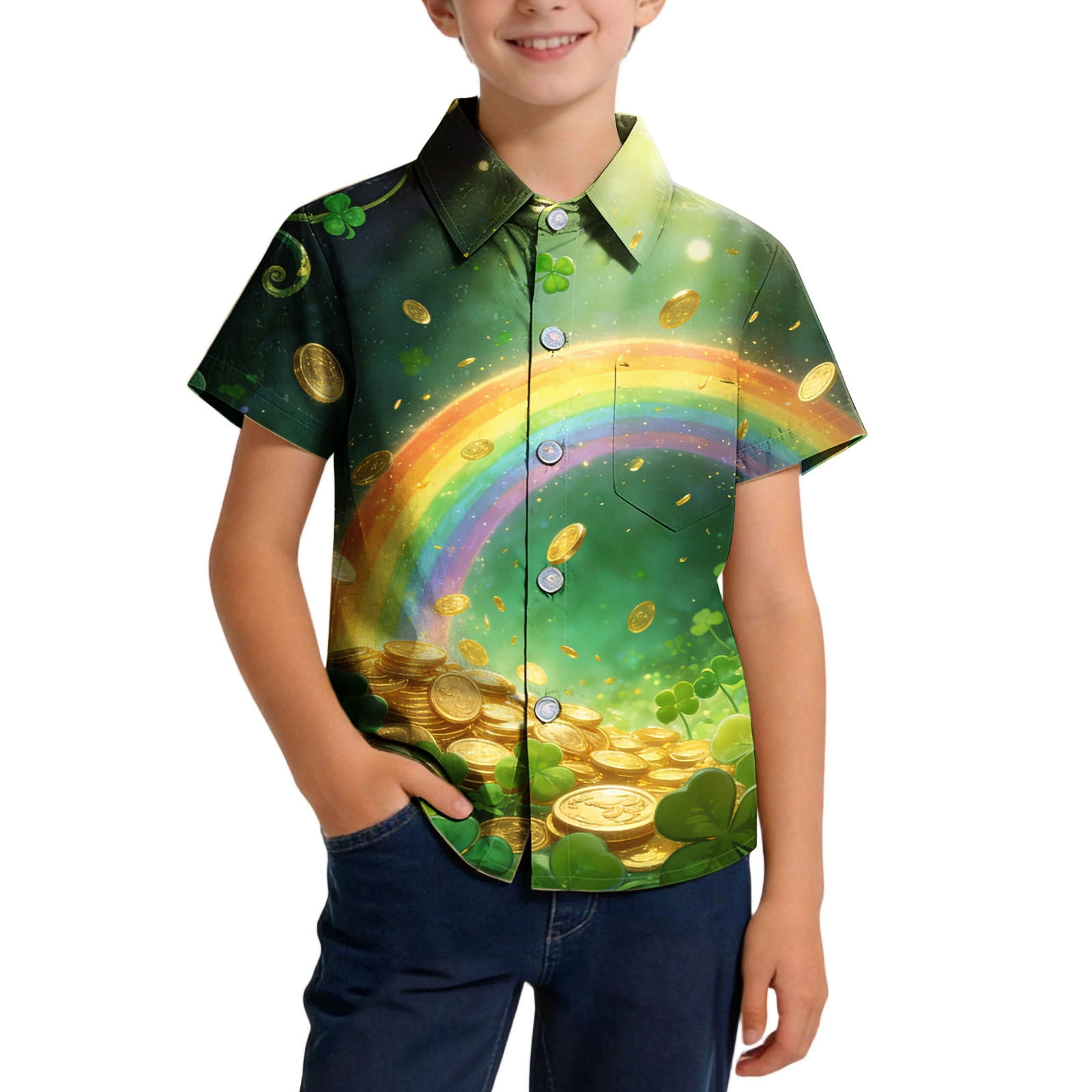 GNFQXSS St Patricks Day Kids Button Up Shirt Crew Neck Relaxed Sleeve ...