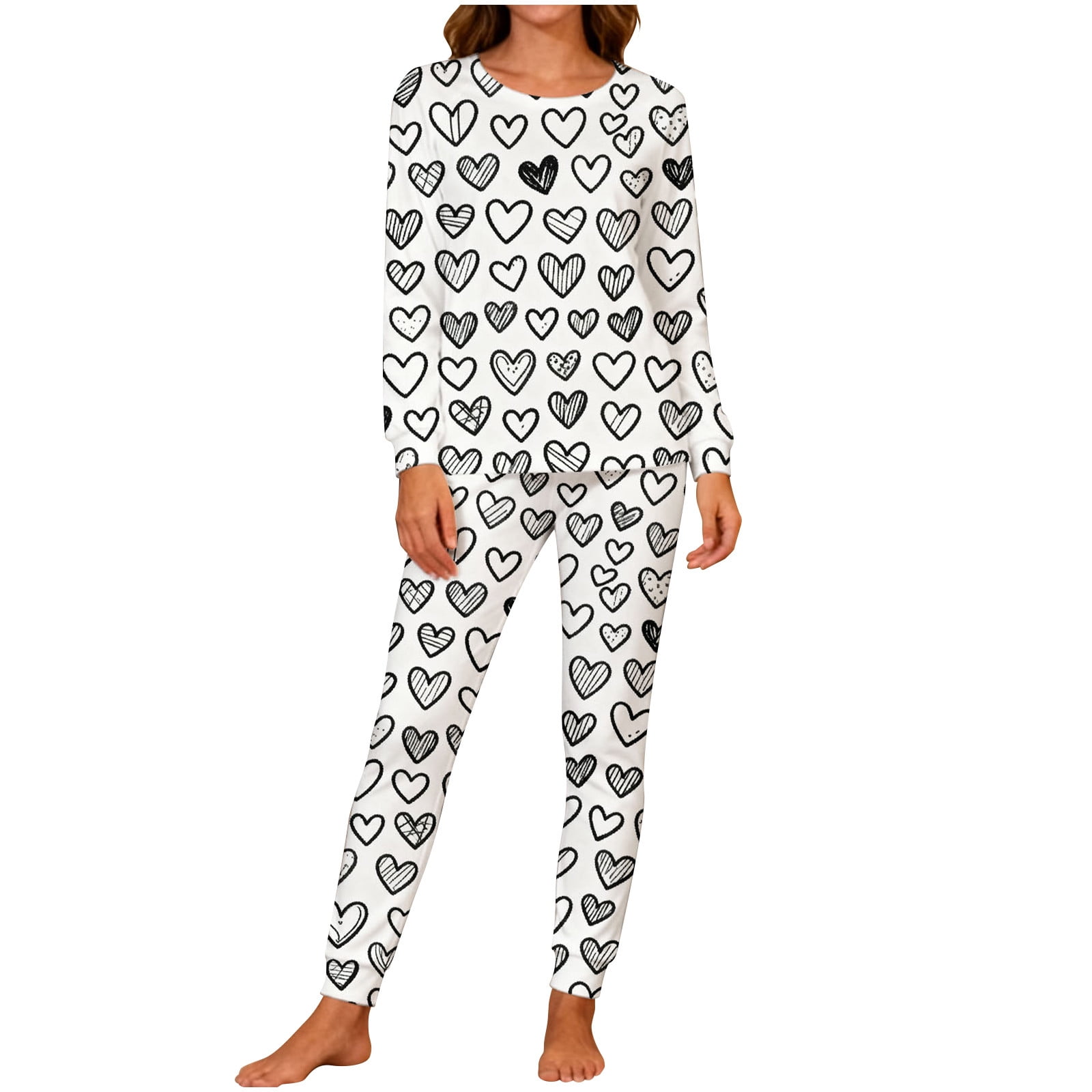 GNFQXSS V-Day Couples Pajama Set Line Heart Design Long Sleeve Crew ...