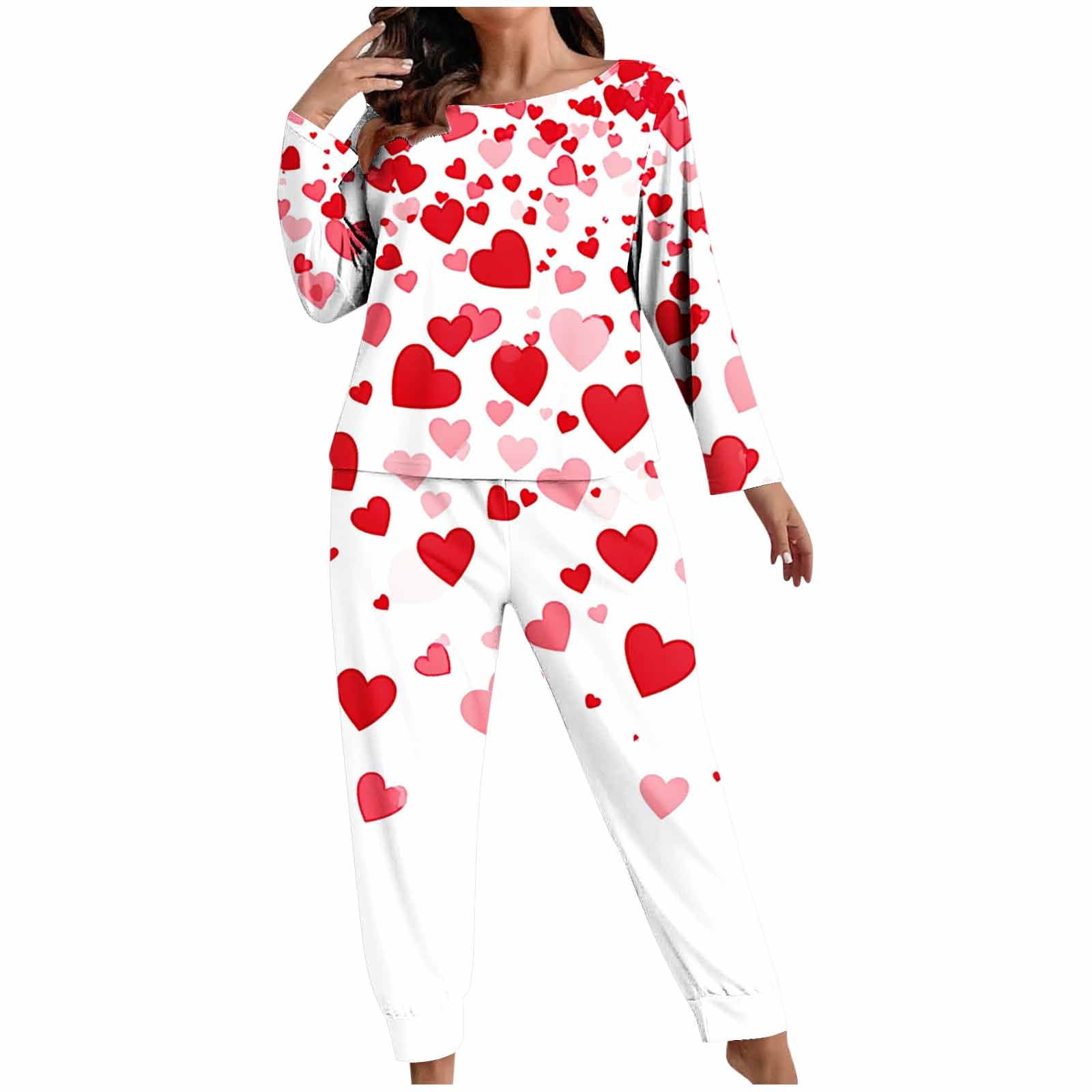 GNFQXSS V-Day Women Pajama Set Heart Pattern Long Sleeve V Neck Button ...