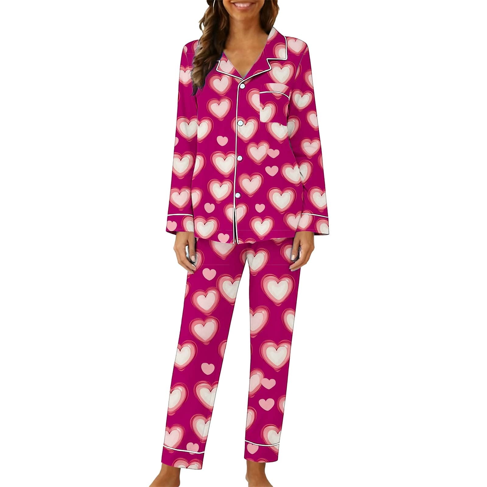GNFQXSS V-Day Women Pajama Set Heart Print Long Sleeve Round Neck ...