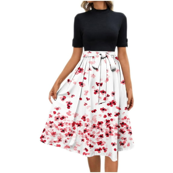 GNFQXSS Women's Printed Contrast Top Midi Dress Pull On Elegant Outdoor ...