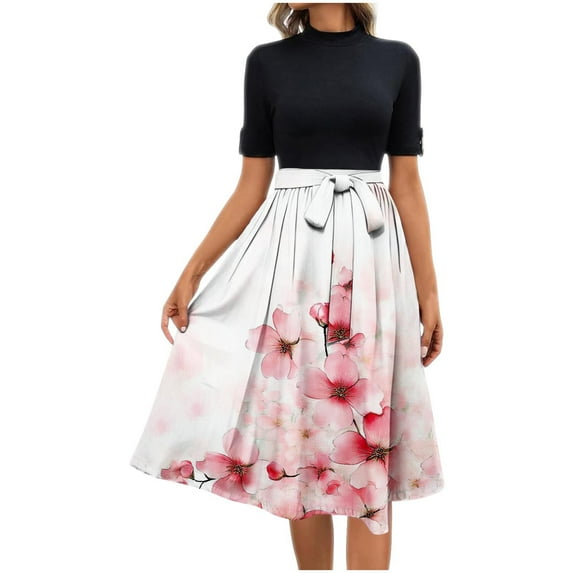GNFQXSS Women's Printed Contrast Top Midi Dress Pull On Elegant Outdoor ...