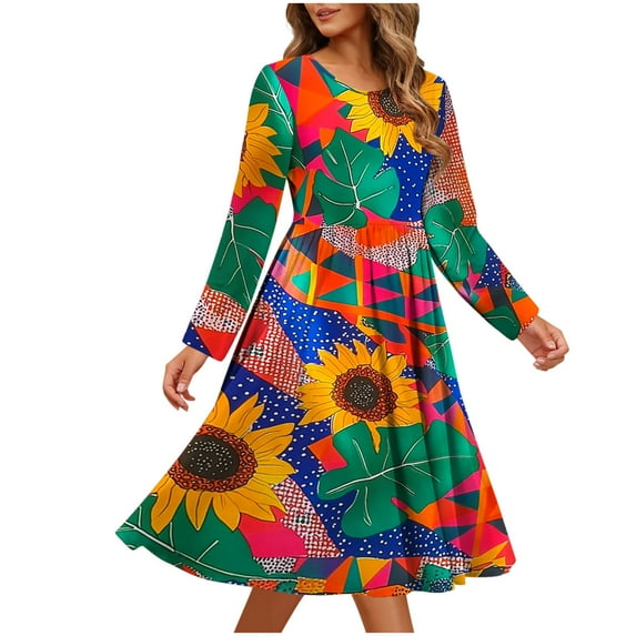 GNFQXSS Women's Printed Long Sleeve Maxi Dress Round Neck Pull On ...