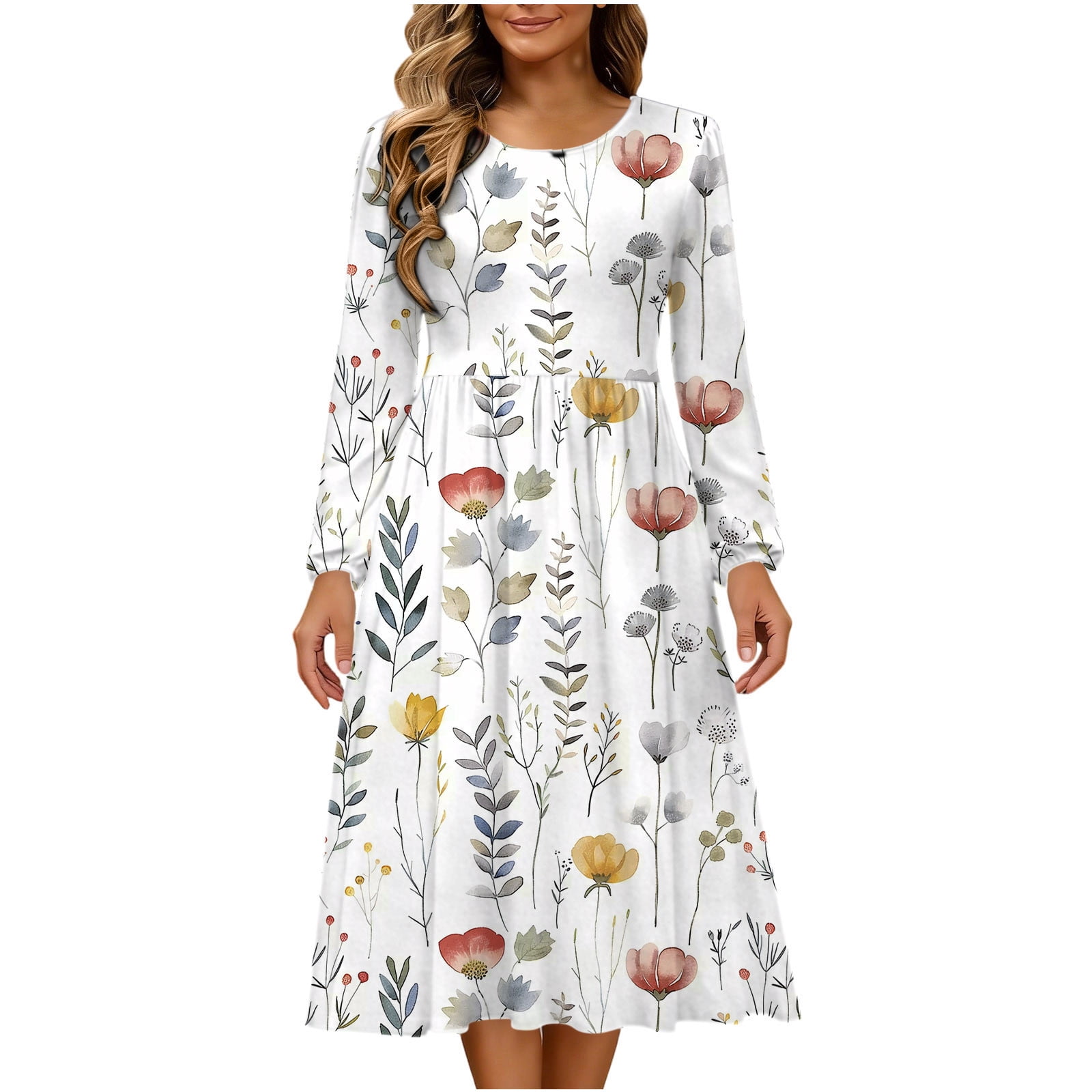 GNFQXSS Women's Printed Long Sleeve V Neck Midi Dress Pull On Elegant ...