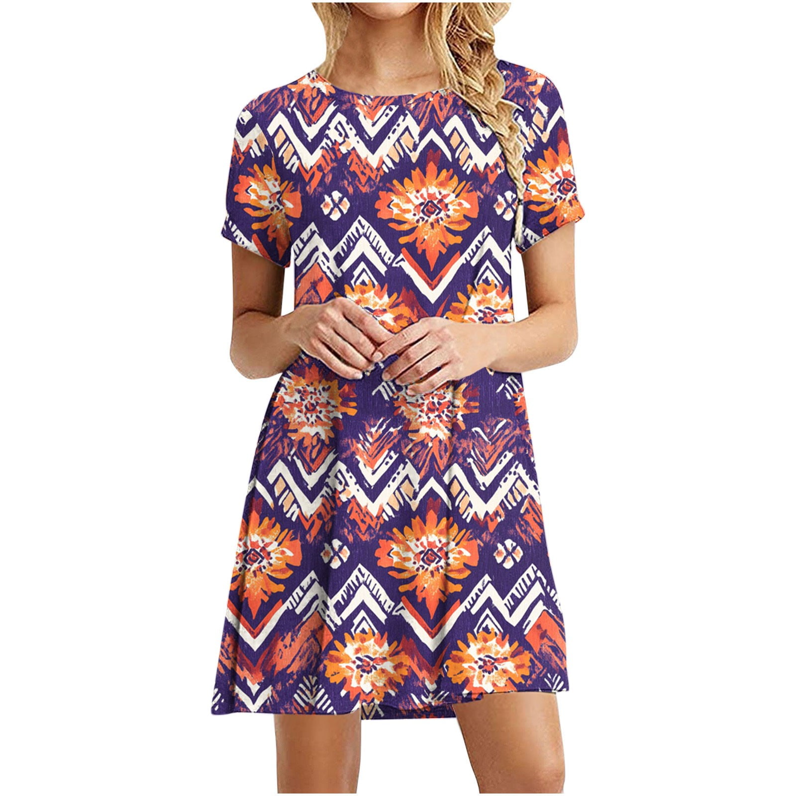 GNFQXSS Women's Printed Short Sleeve Round Neck Mini Dress Pull On Soft ...