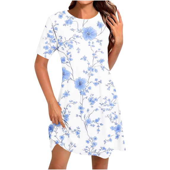 GNFQXSS Women's Printed Short Sleeve Round Neck Mini Dress Pull On ...