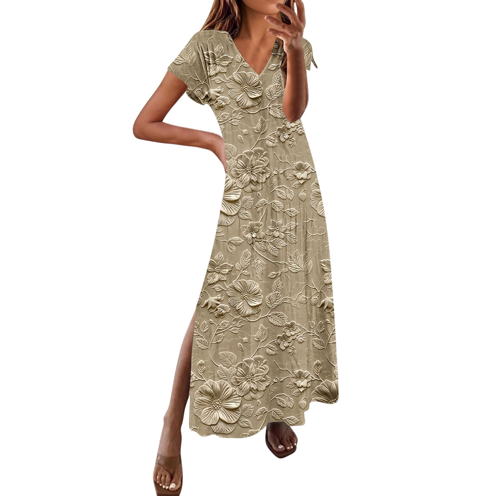 GNFQXSS Women's Printed Short Sleeve V Neck Maxi Dress Pull On Stylish ...