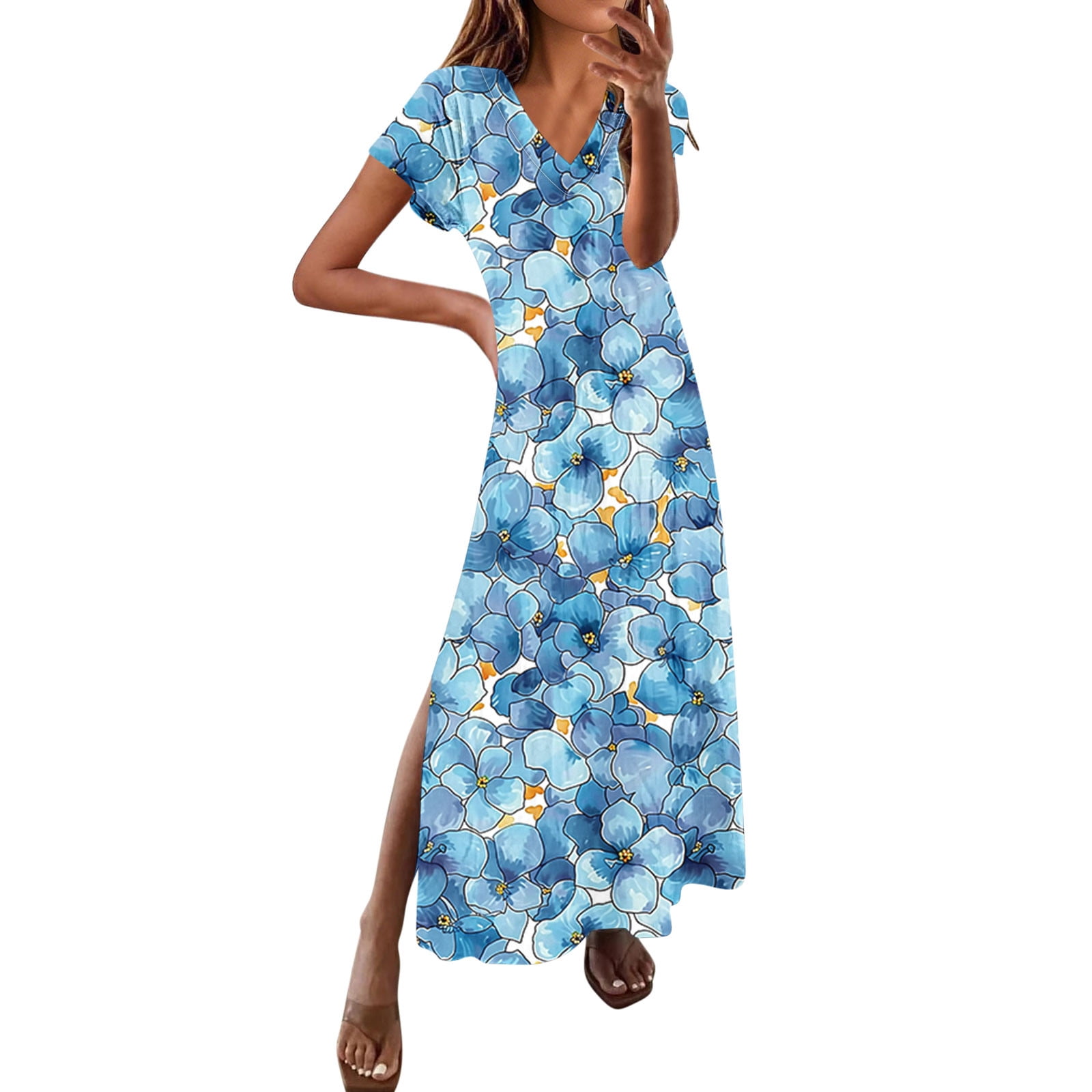 GNFQXSS Women's Printed Short Sleeve V Neck Maxi Dress Pull On Stylish ...