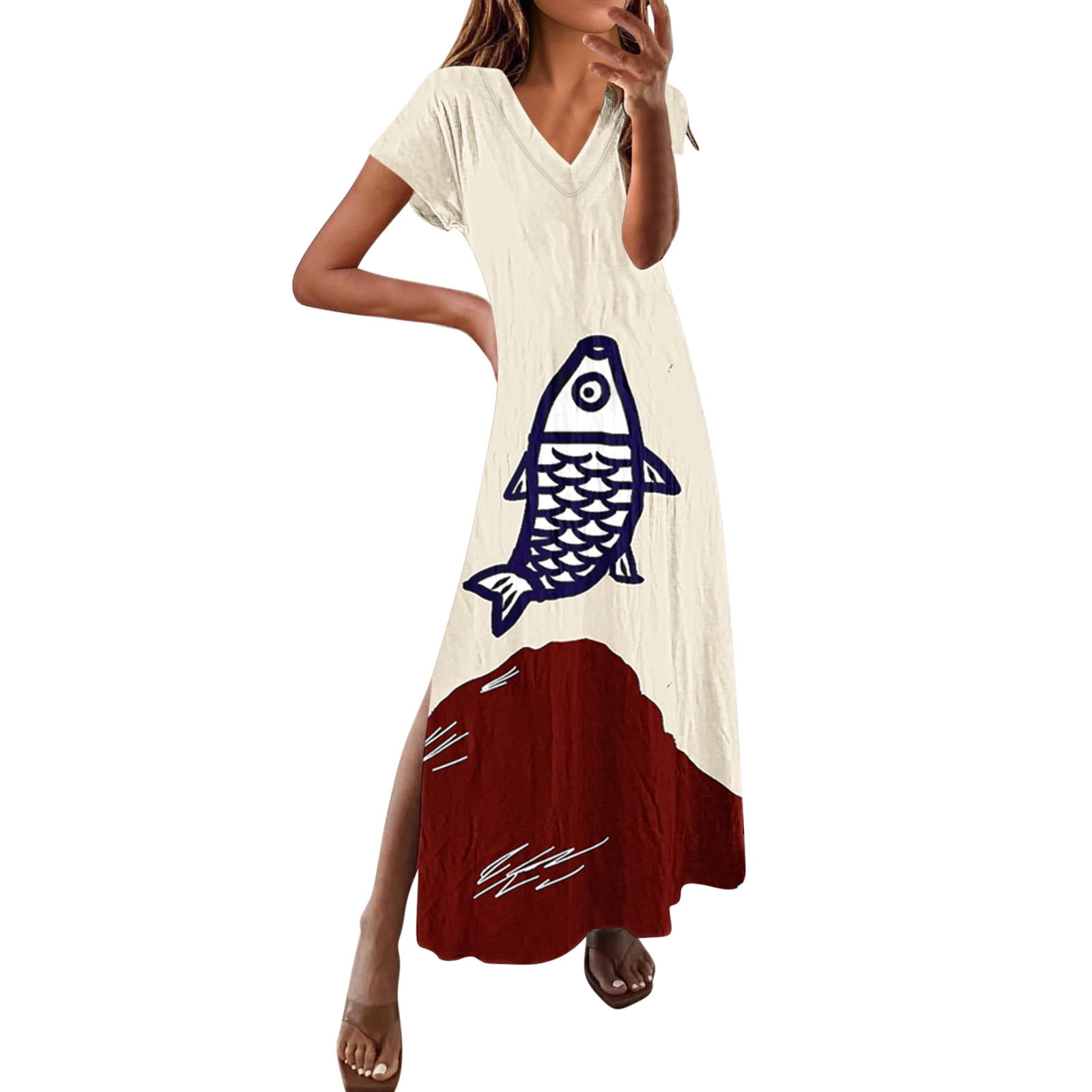 GNFQXSS Women's Printed Short Sleeve V Neck Maxi Dress Pull On Stylish ...