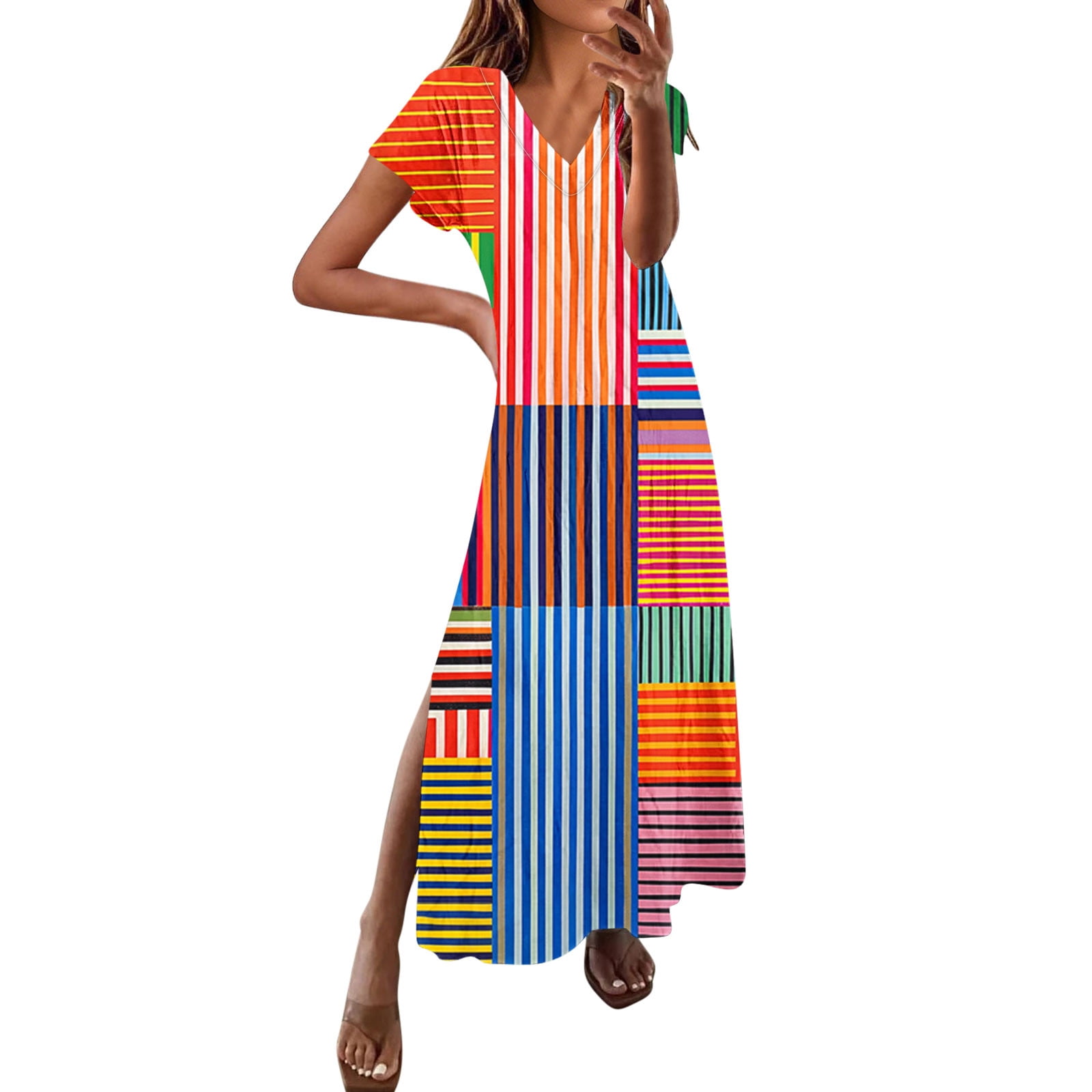 GNFQXSS Women's Printed Short Sleeve V Neck Maxi Dress Pull On Stylish ...