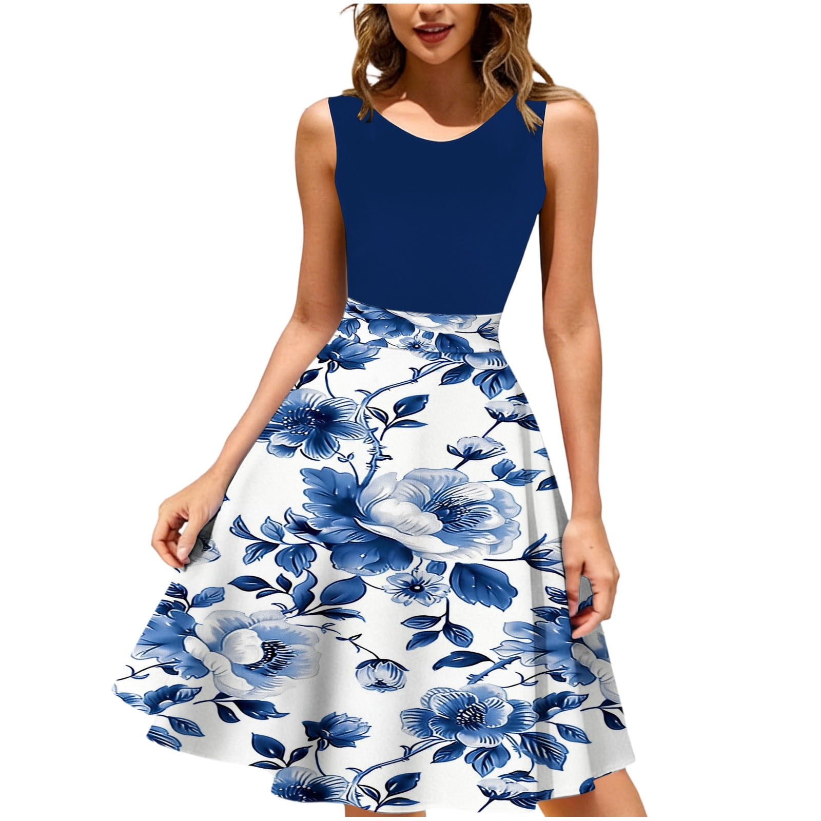 GNFQXSS Women's Printed Sleeveless V Neck Mini Dress Pull On Stylish ...