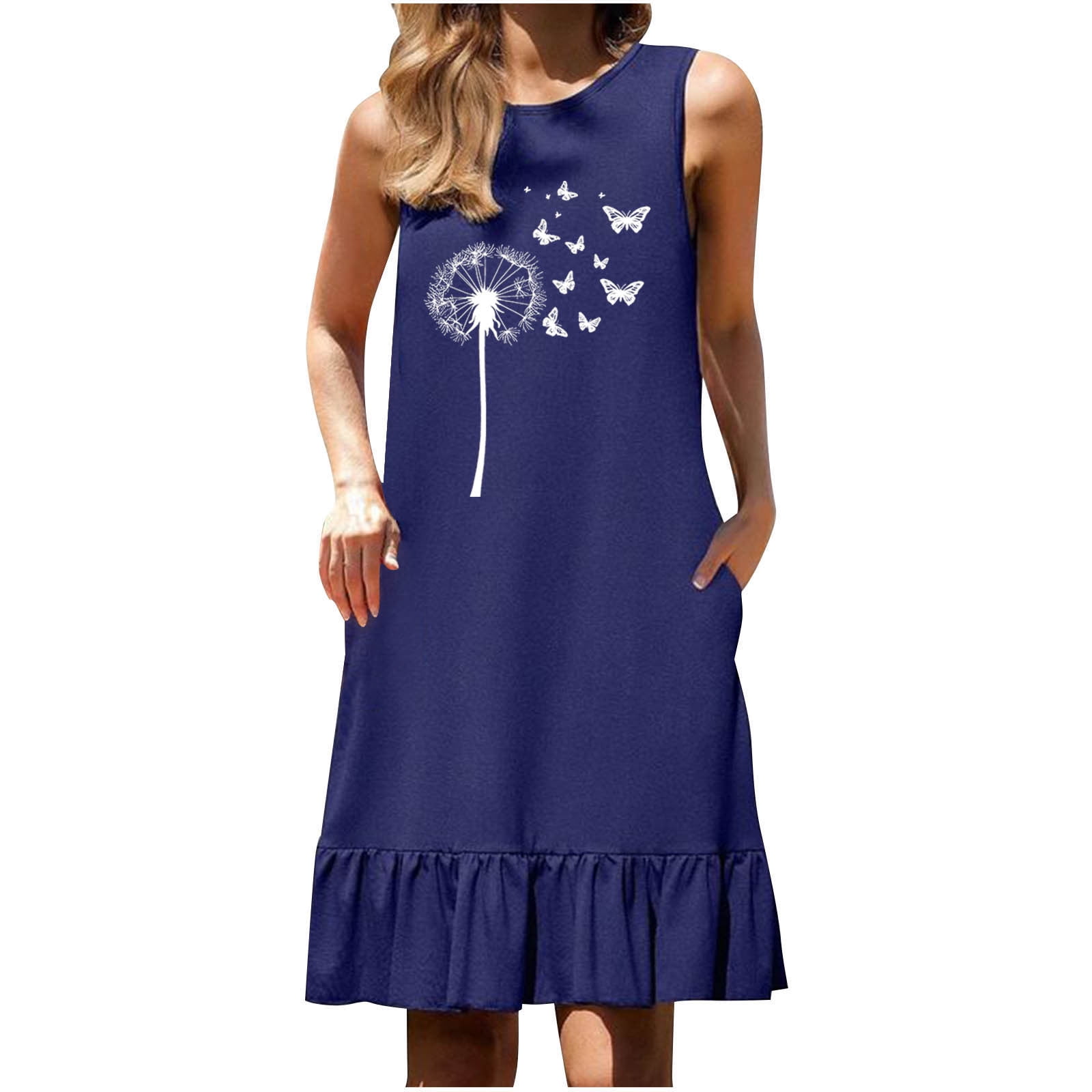 GNFQXSS Women's Printed Strap Mini Dress Pull On Soft Daily Wear ...