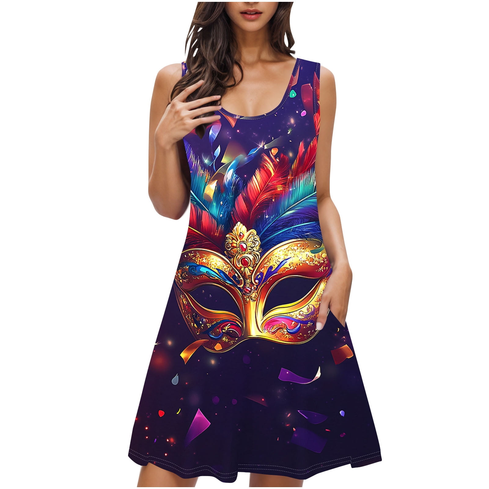 GNFQXSS Women's Printed Strap Mini Dress Pull On Stylish Casual Wear ...