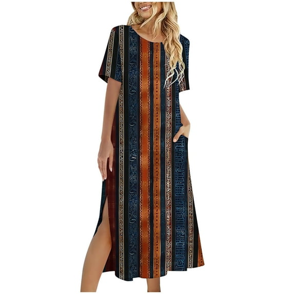 GNFQXSS Women's Short Sleeve Printed Round Neck Maxi Dress Pull On ...