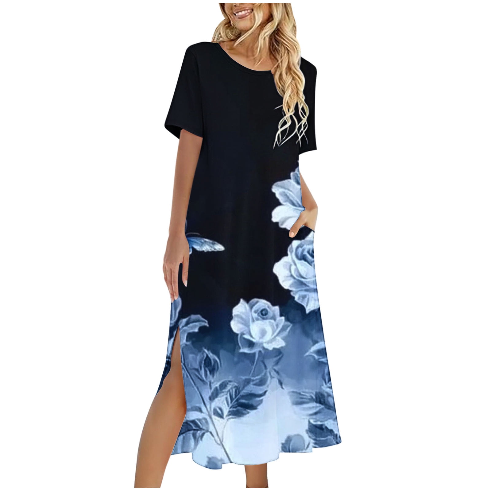 GNFQXSS Women's Short Sleeve Printed V Neck Maxi Dress Pull On ...