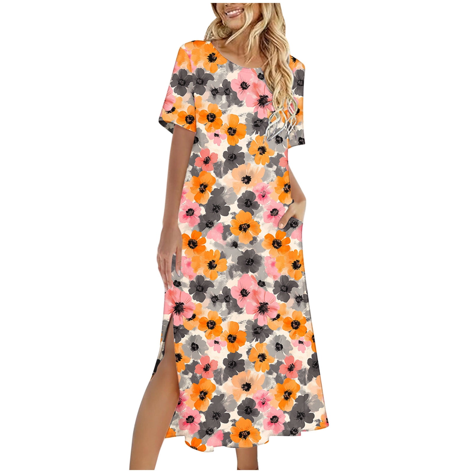 GNFQXSS Women's Short Sleeve Printed V Neck Maxi Dress Pull On ...