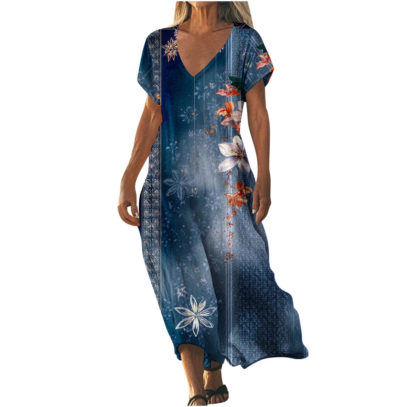 GNFQXSS Women's Short Sleeve Printed V Neck Maxi Dress Pull On ...