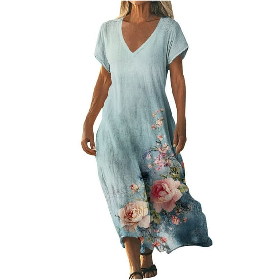 GNFQXSS Women's Short Sleeve Printed V Neck Maxi Dress Pull On ...