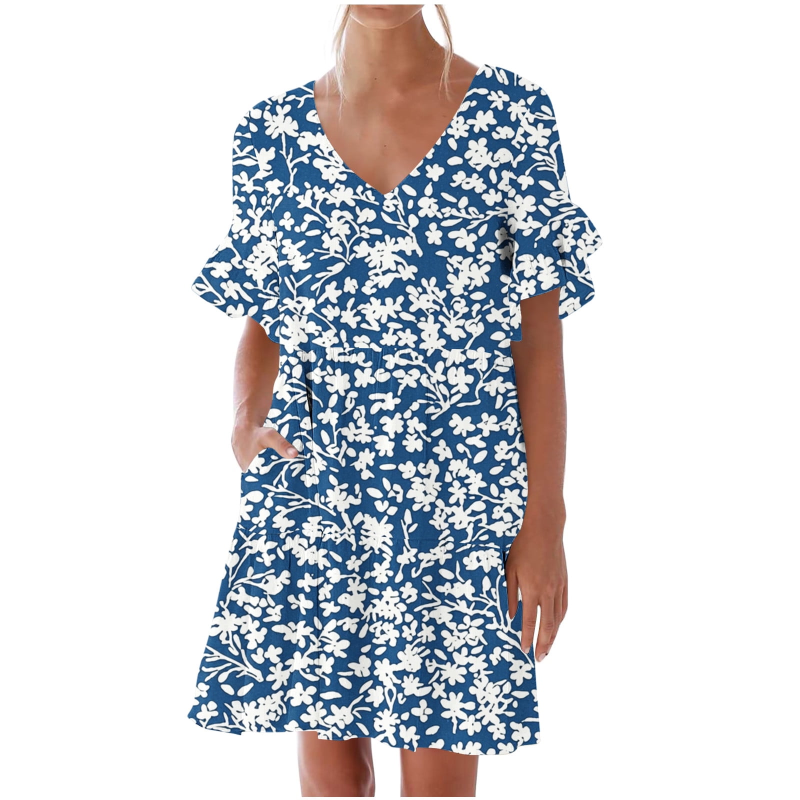 GNFQXSS Women's Short Sleeve Printed V Neck Mini Dress Pull On Flowy ...