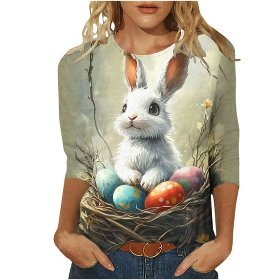 GNFQXSS Womens Easter Shirt Classic Crew Neck Pull On Soft Tee All Over ...