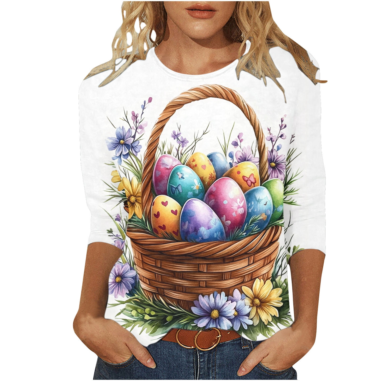 GNFQXSS Womens Easter Shirt Classic Crew Neck Pull On Soft Tee All Over ...