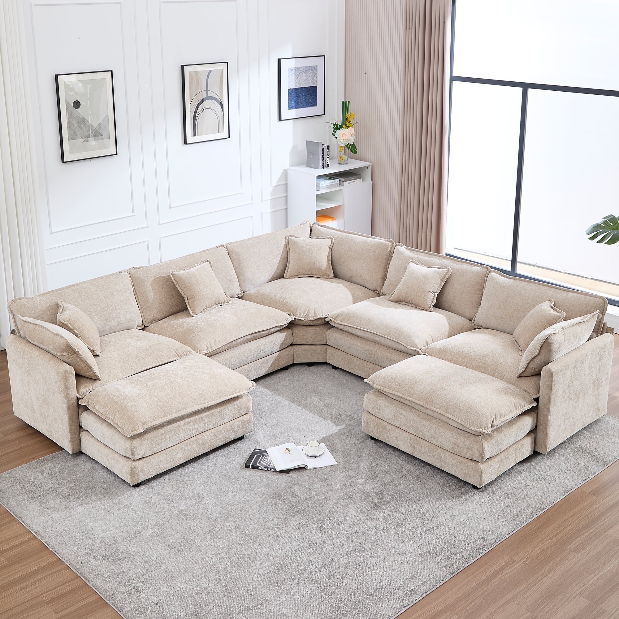 GNIXUU 113.4 " U-Shaped Cloud Couch ,Oversized Sectional Sofa with 2 ...