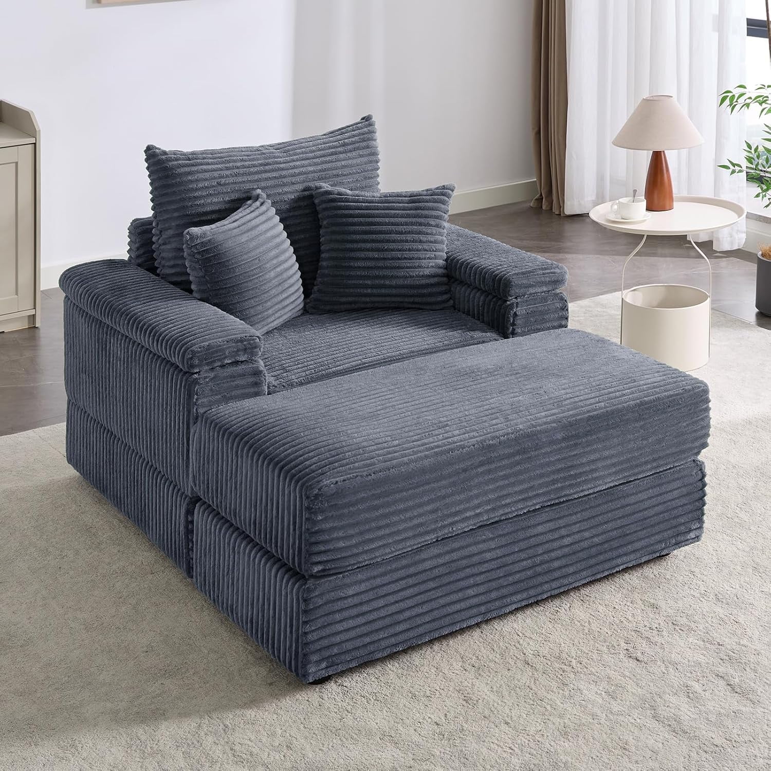 GNIXUU 42.5 Oversized Chair with Ottoman Corduroy Chaise Lounge Indoor w Pillows Deep Seat Comfy Single Sofa Couch for Living Room Apartment