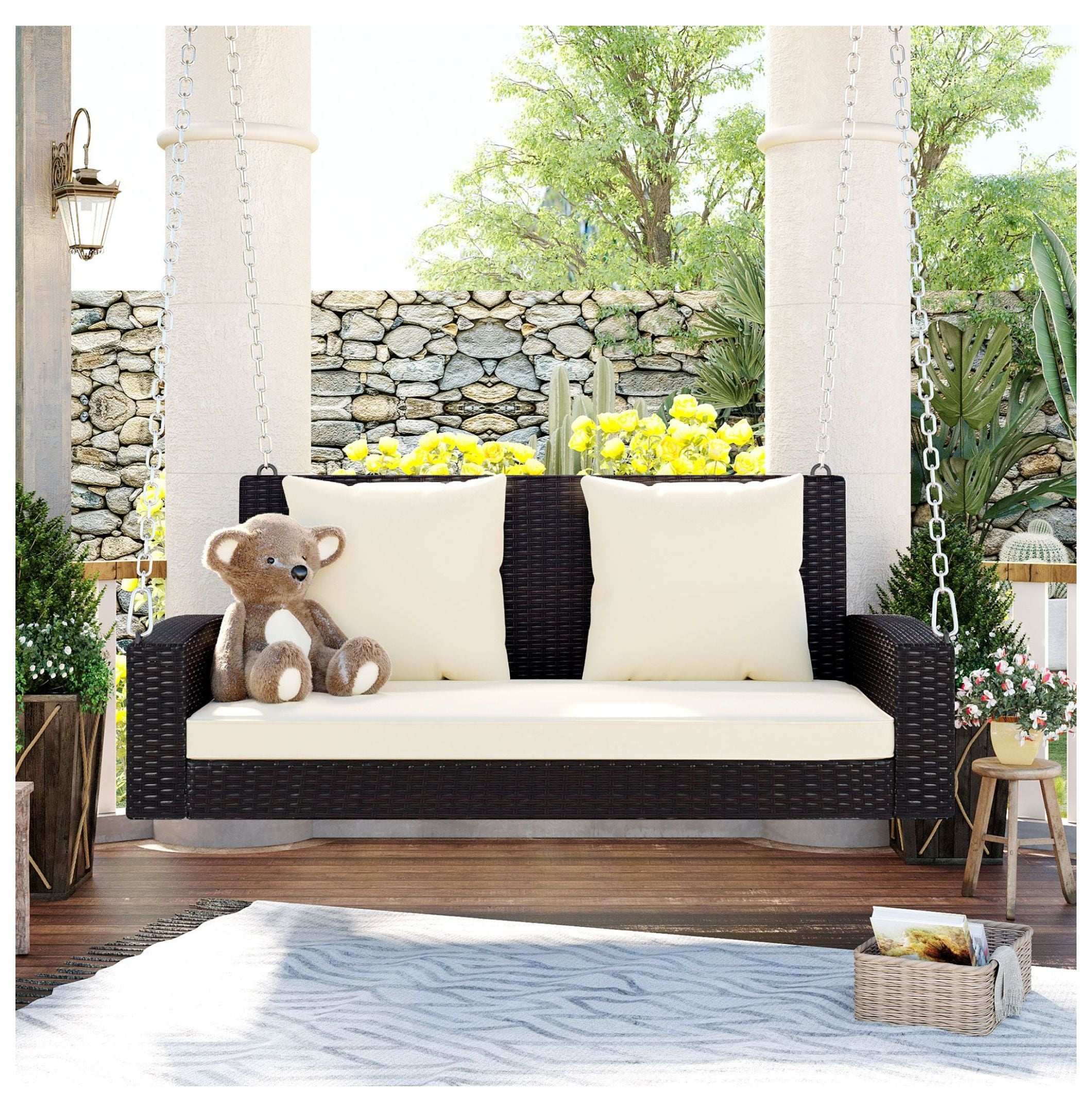 GO 2-Person Wicker Hanging Porch Swing with Chains, Cushion, Pillow, Rattan Swing Bench for ...