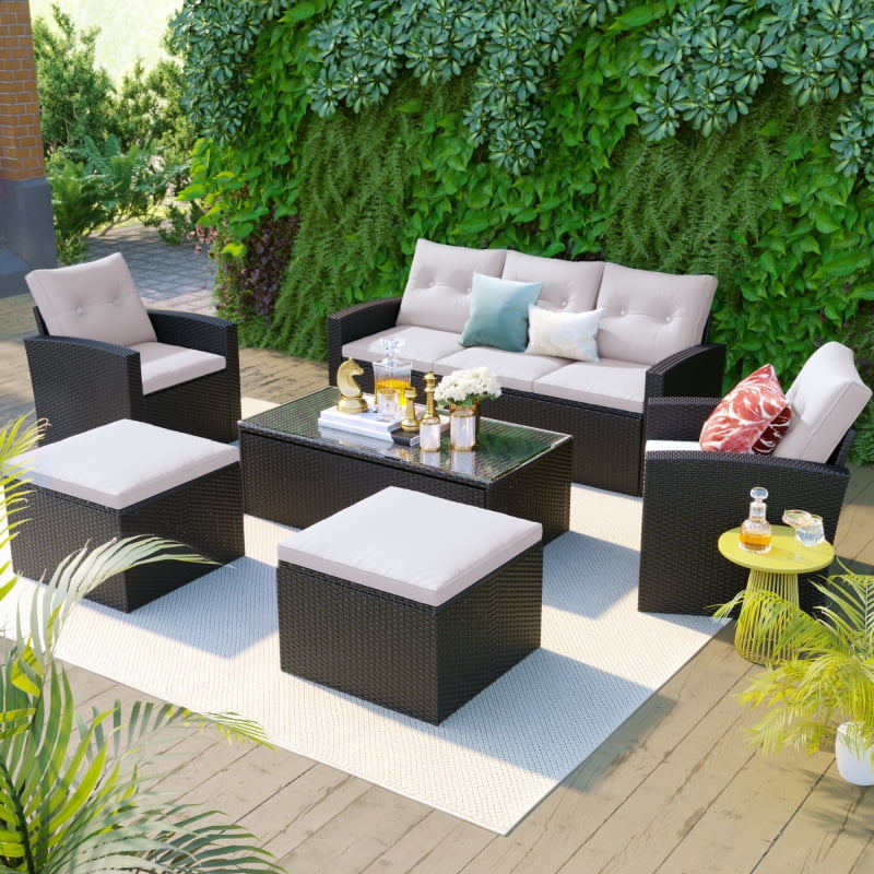 GO 6-piece All-Weather Wicker PE rattan Patio Outdoor Dining Conversation Sectional Set with ...