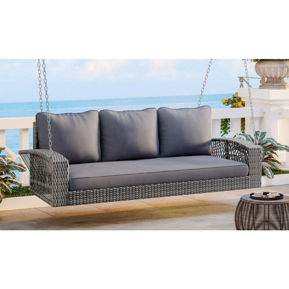 GO 69" PE Wicker 3-Person Porch Swing with Chains, Large Patio Swing ...
