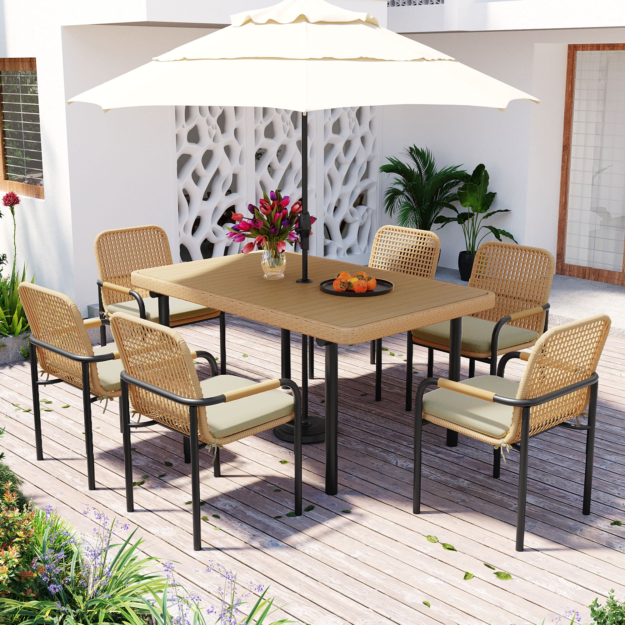 GO 7 Pieces Patio Dining Set, Outdoor Wicker Furniture Set, Plastic ...