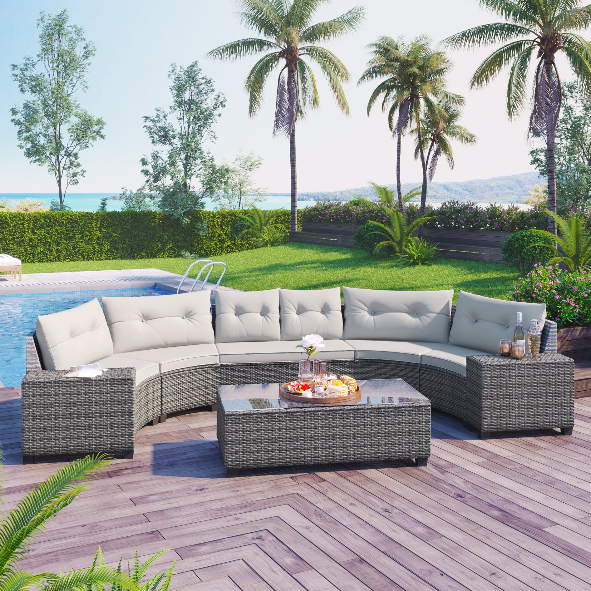 GO 8-pieces Outdoor Wicker Round Sofa Set, Half-Moon Sectional Sets All ...