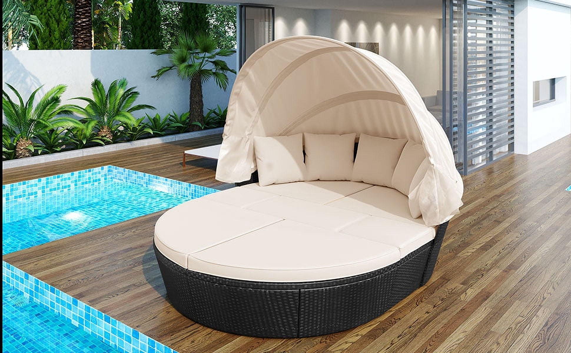 GO Outdoor rattan daybed sunbed with Retractable Canopy Wicker Furniture, Round Outdoor ...