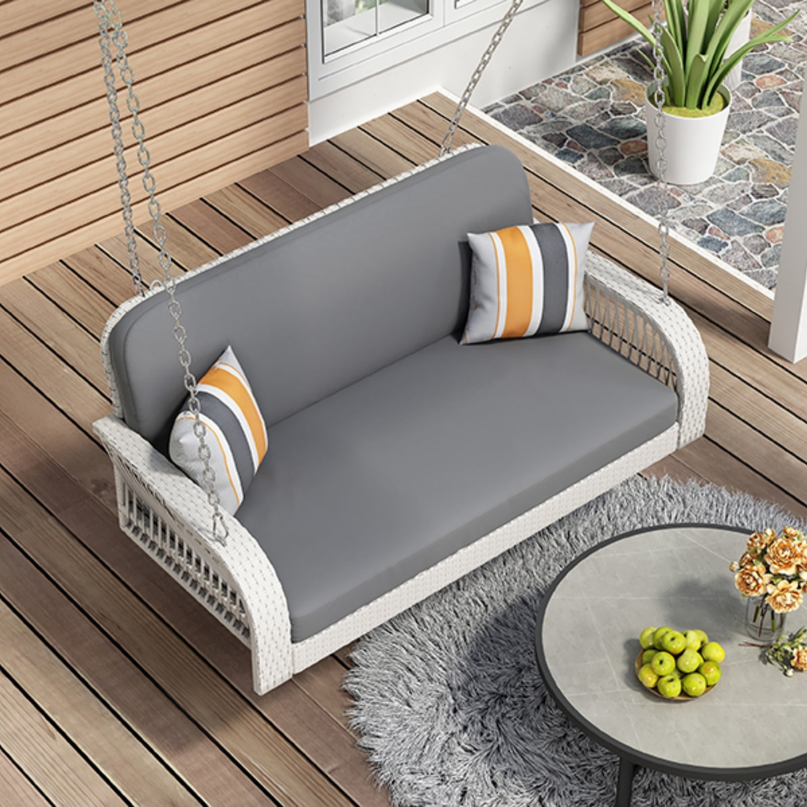 GO PE Wicker Porch Swing, 2-Seater Hanging Bench With Chains, Patio ...