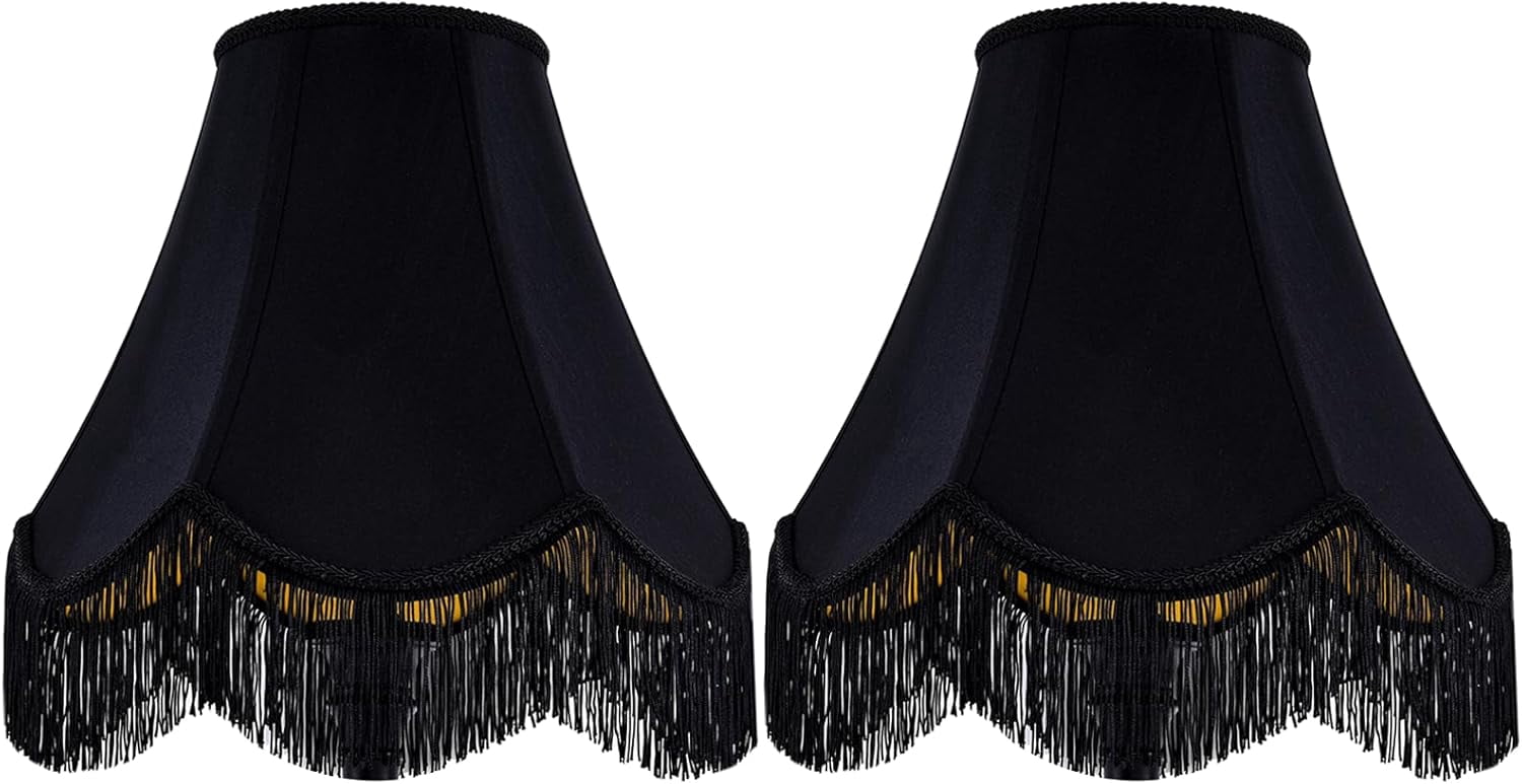 GO&SO Black Silk Bell Lamp Shades Set of 2 -Petal Edge Braid with Black ...