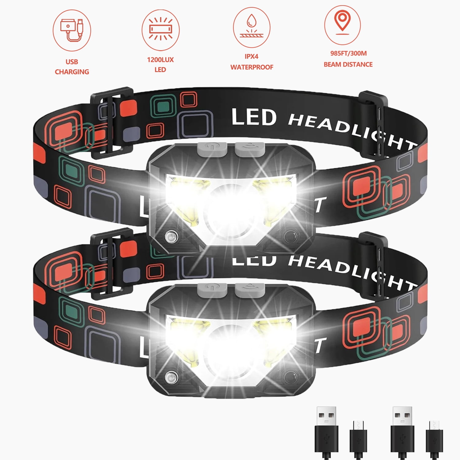 GOANDO 2 Pack Headlamp Rechargeable LED 1200 Lumen Headlights with 8 ...
