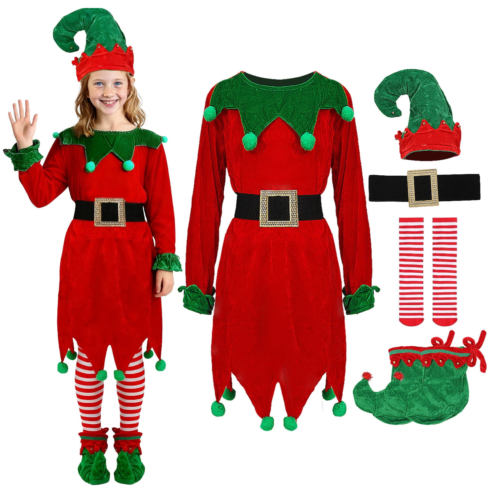 GOBWCOT Christmas Elf Outfit For Girl Velvet Dress Santa Helper Xmas ...