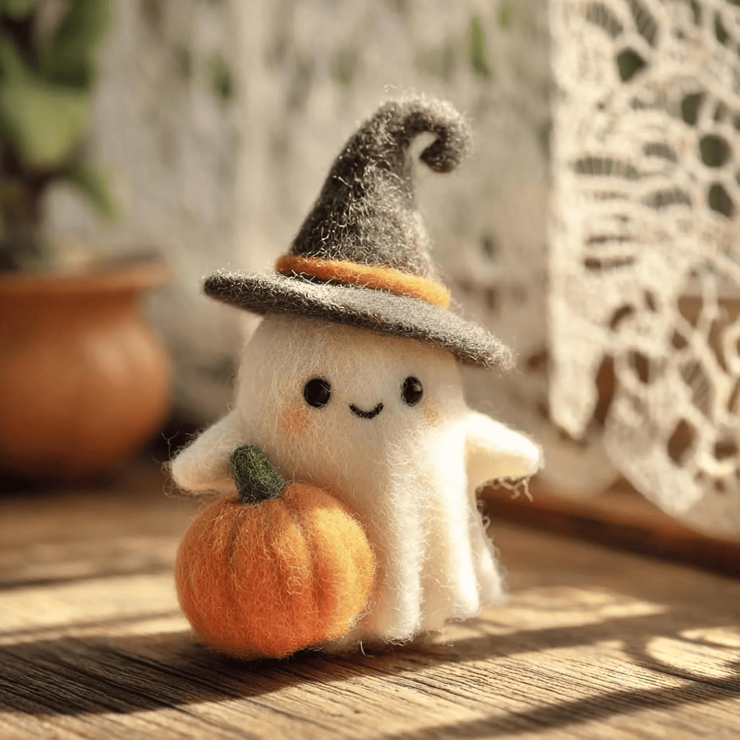 GOBWCOT Handmade felt Halloween ghost pumpkin with wizard hat, adopt a ...