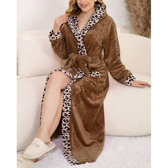 GOBWCOT Women's Long Coral Fleece Bathrobe, Hooded pajamas Thick ...