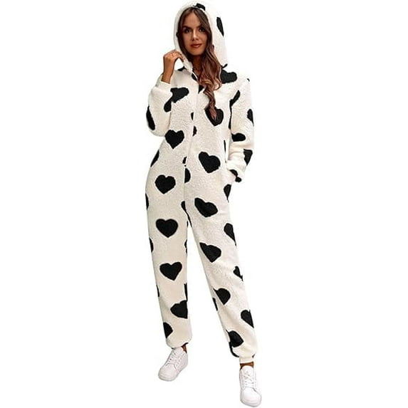 GOBWCOT Women's Plush heart-print one-piece pajamas Sweet Heart Pattern ...