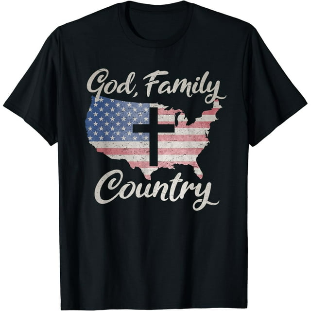 GOD FAMILY COUNTRY Christian Cross Vintage USA American Flag T-Shirt ...