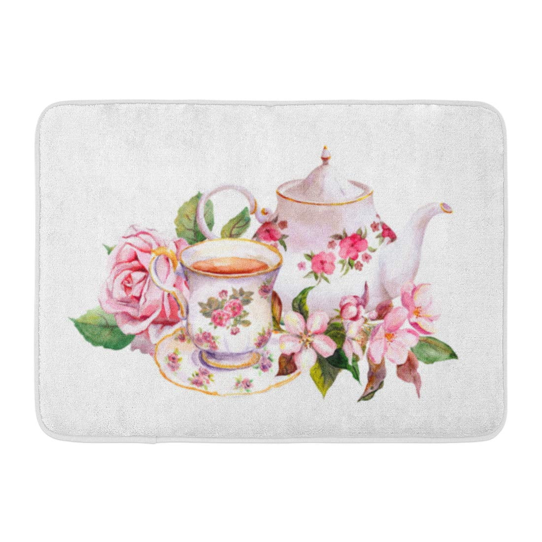 GODPOK Teapot Watercolour Teacup and Tea Pot with Pink Flowers Rose and ...
