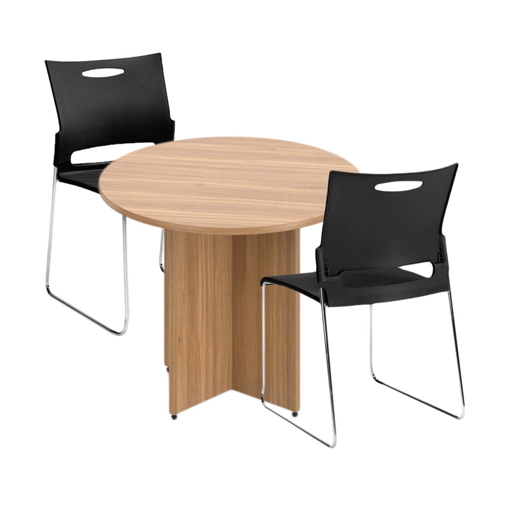 GOF 36-inch Walnut Round Office Table with 2 Stackable Chairs (G11310B ...