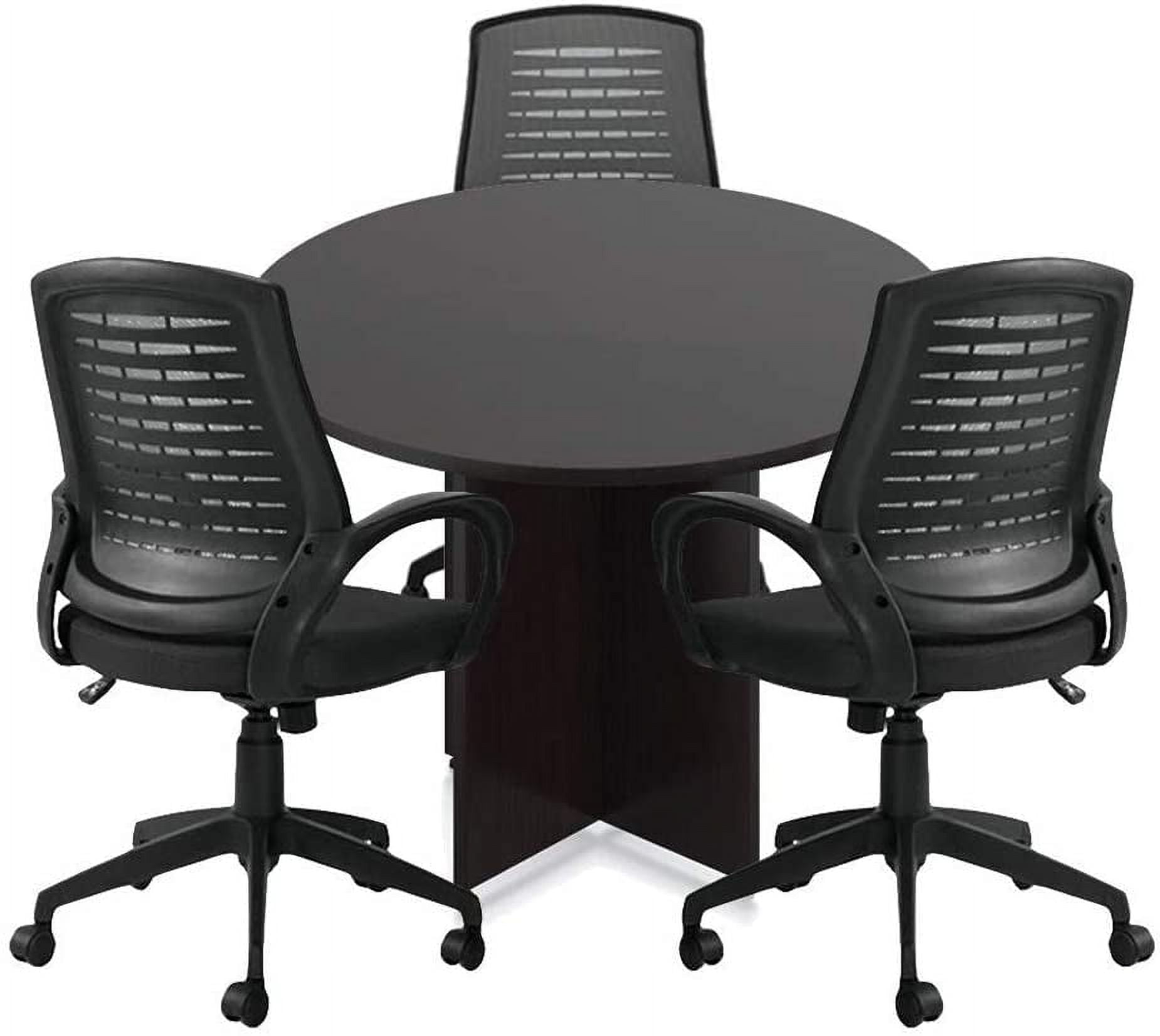GOF 42-inch Espresso Round Table with 3 Mesh Back Office Chairs ...